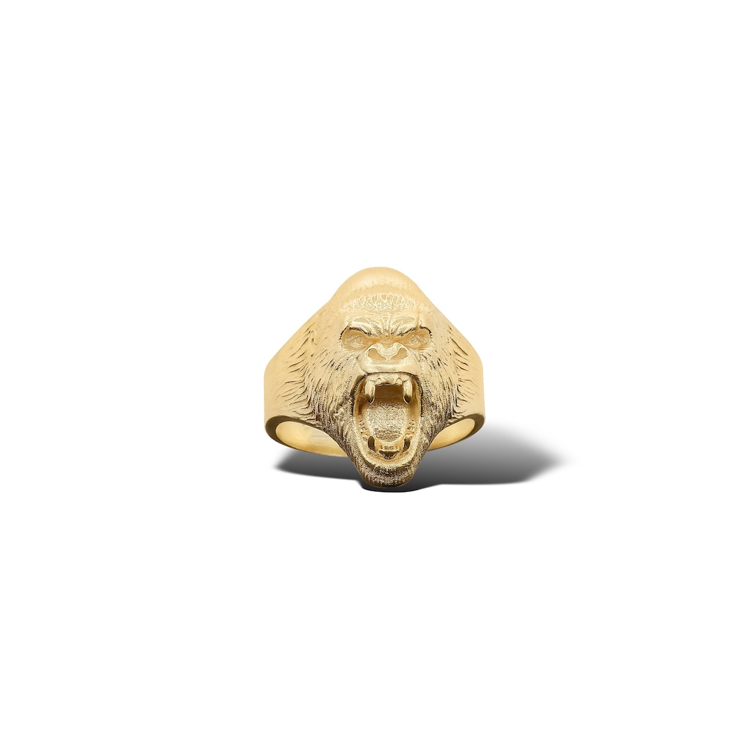14k Gold Gorilla Ring, Solid Gorilla Ape Head Ring, 14k Monkey Signet ...
