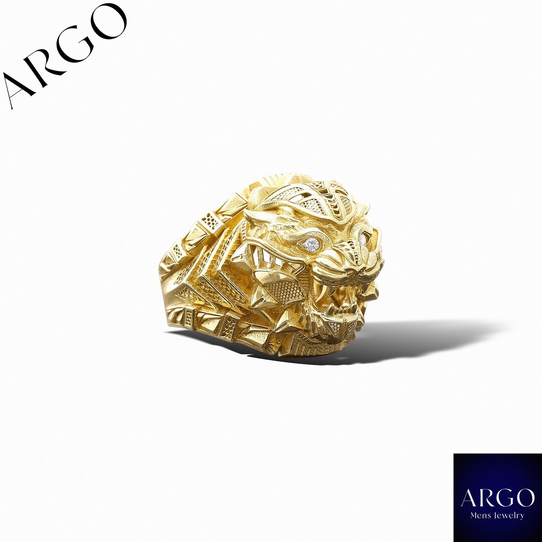 Gold Tiger Men's Ring, 14K Gold Signet Tiger Ring, 14K Gold Tiger Rings ...