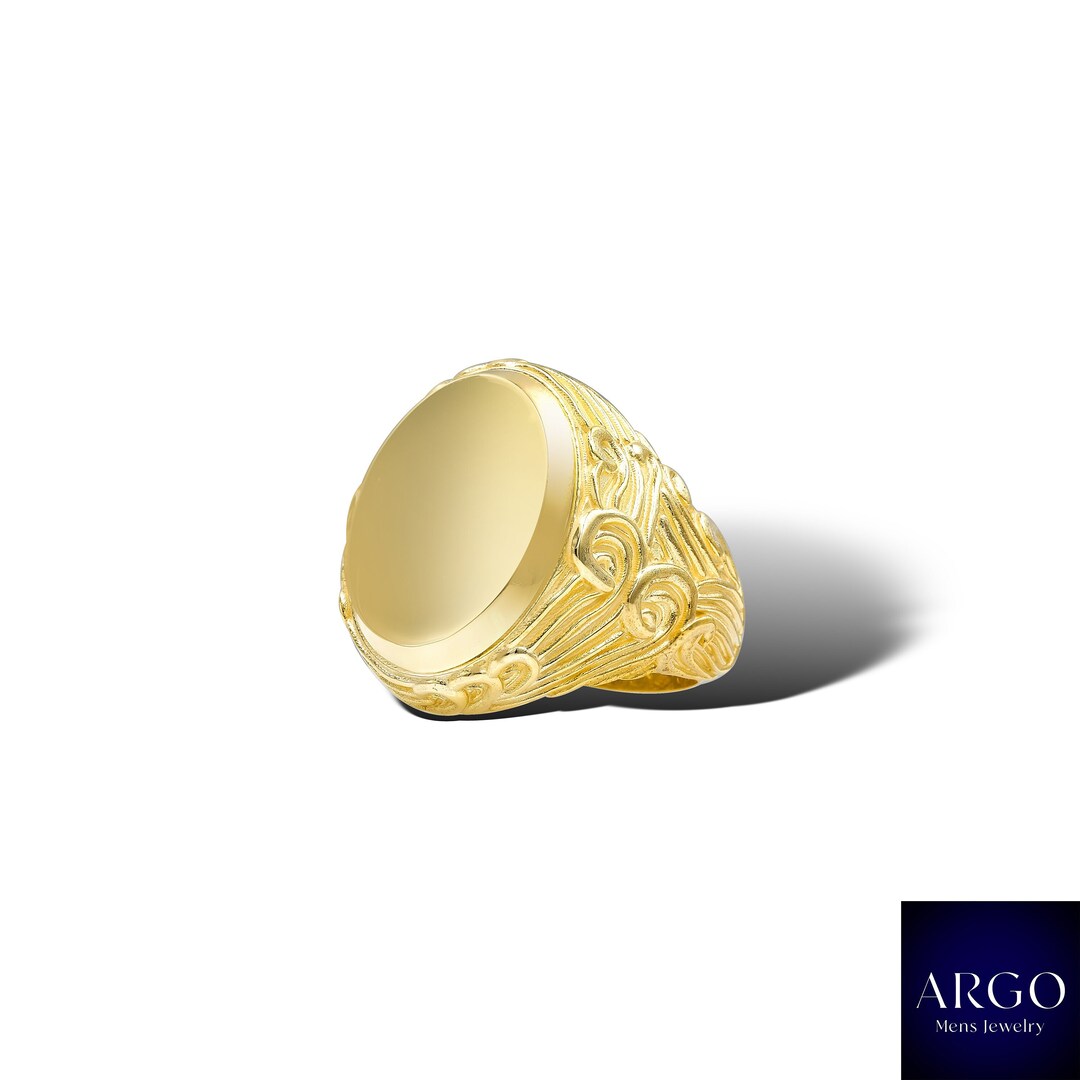 14k Gold Oval Signet Ring Men Solid Gold Wave Mens Ring 14k - Etsy