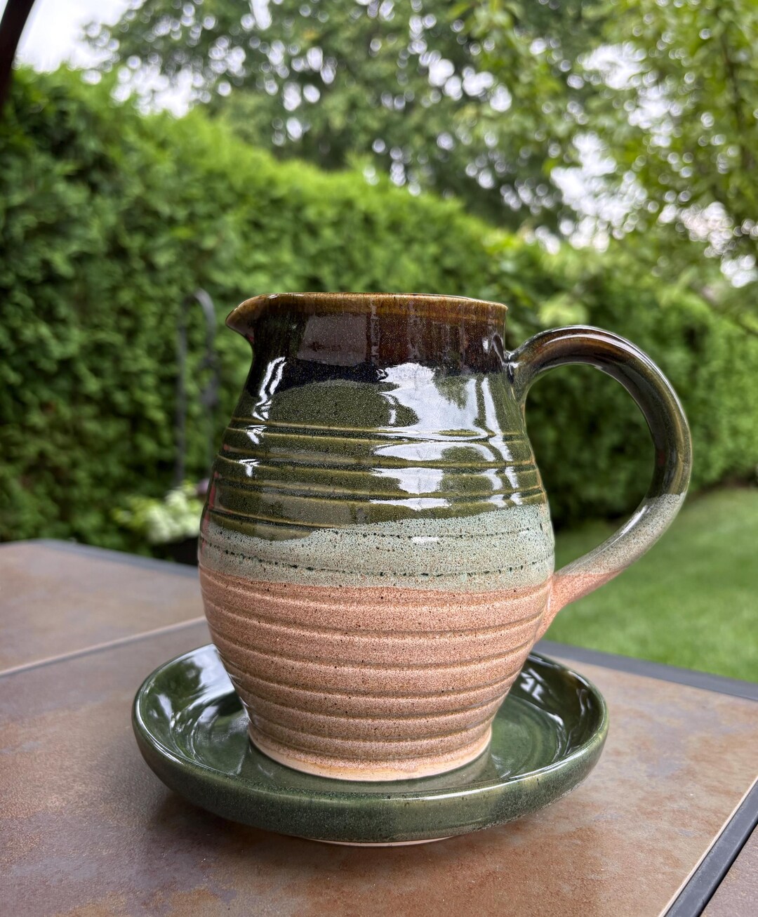 Handmade Stoneware Pitcher With Plate: Rustic Wine Decanter, Milk Jug ...