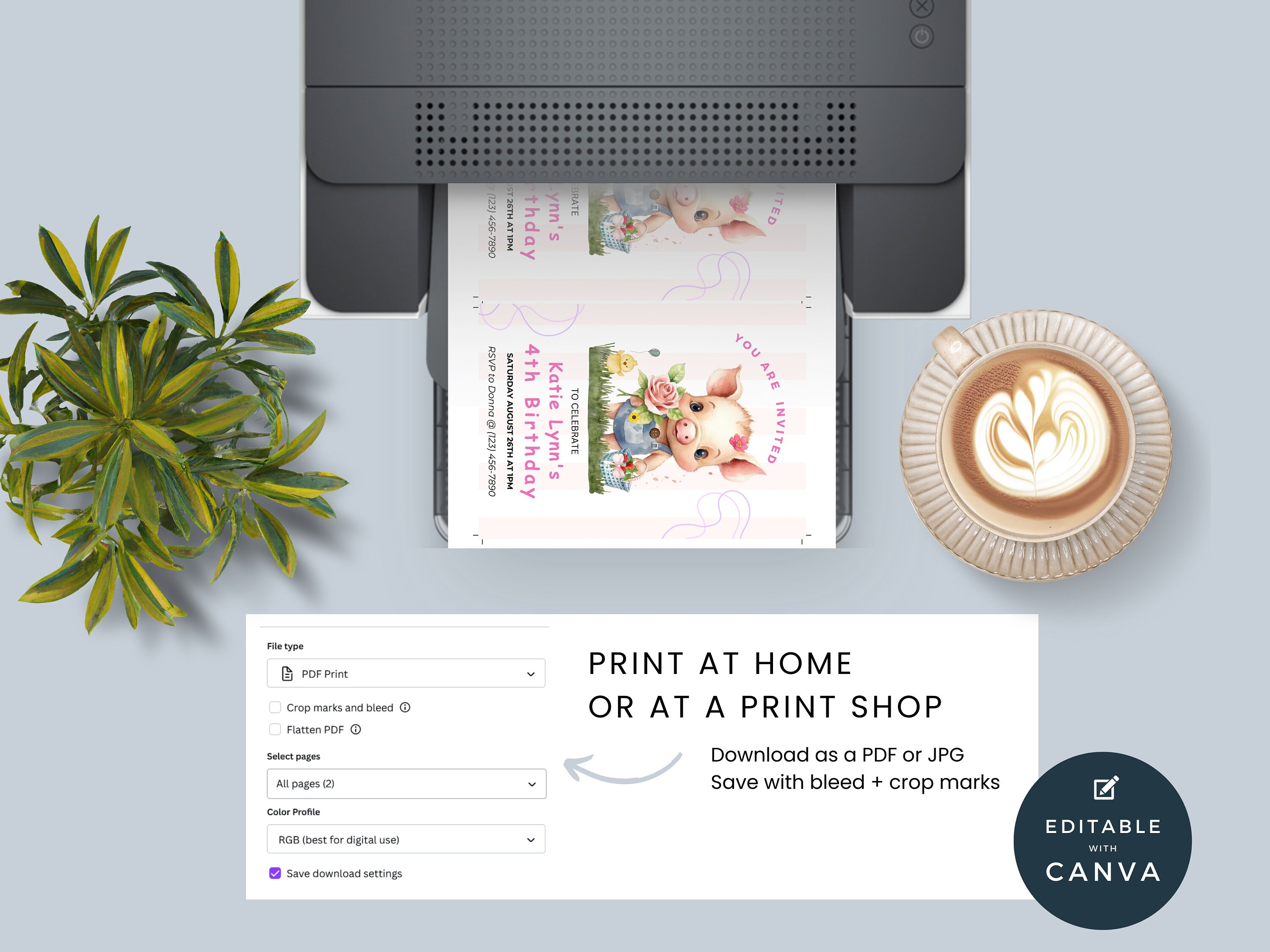 Editable Piggy Birthday Invitation Pig Invite Cute Pig - Etsy