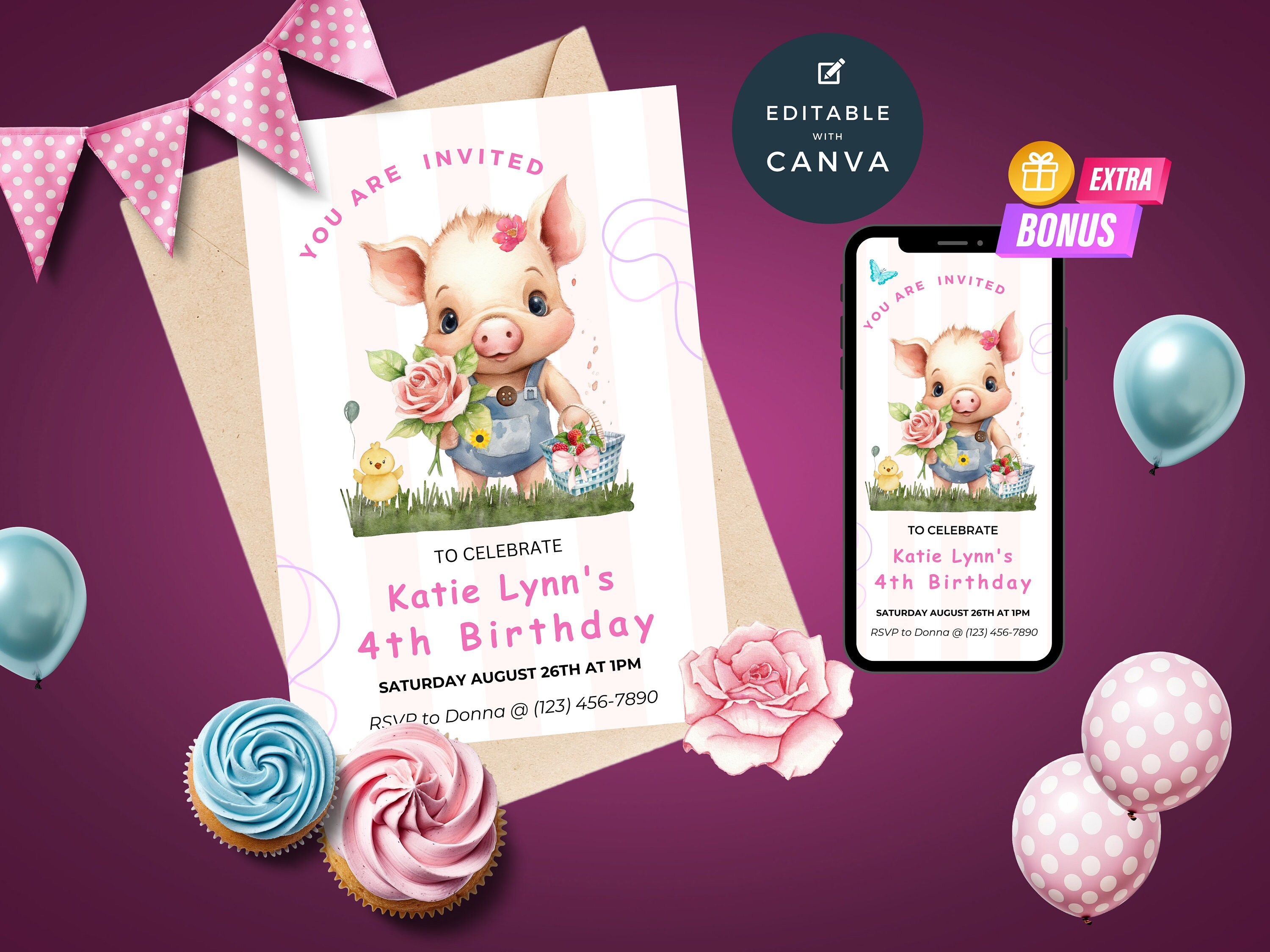 Editable Piggy Birthday Invitation Pig Invite Cute Pig - Etsy
