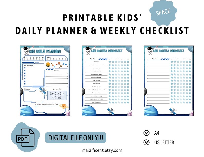 Kids Daily Planner and Weekly Checklist Printable (space Theme) - Etsy