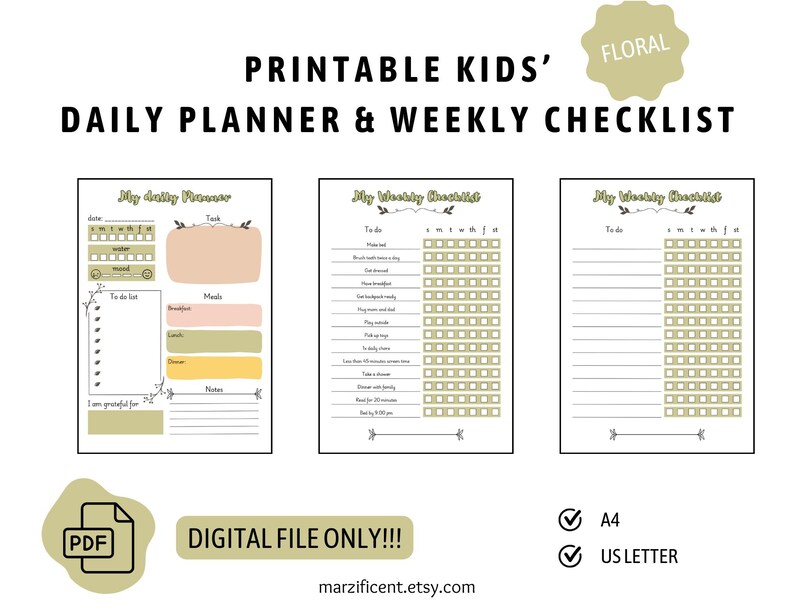 Kids Daily Planner and Weekly Checklist Printable floral Theme - Etsy