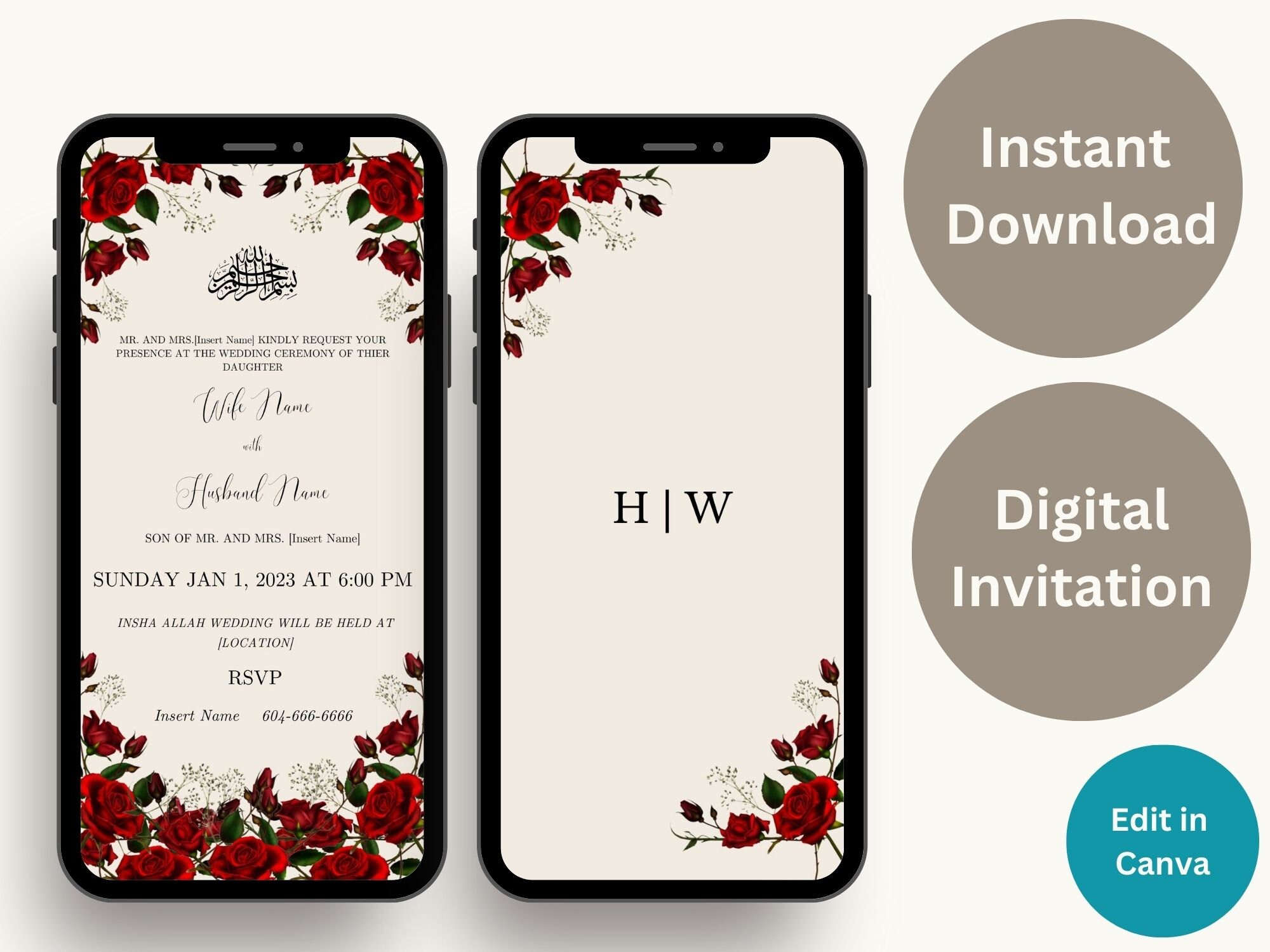 Floral Digital Muslim Wedding Invitation Template - Editable Electronic ...