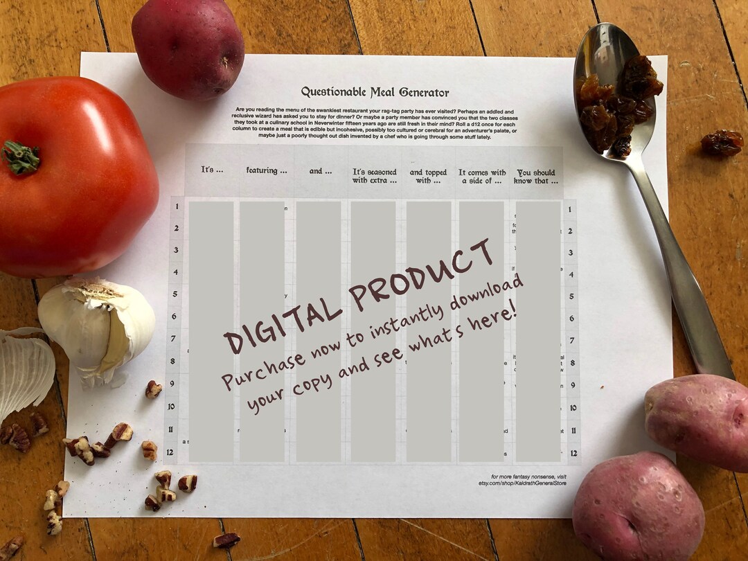 Questionable Meal Generator Roll Chart/randomizer -- a D12-based Table ...