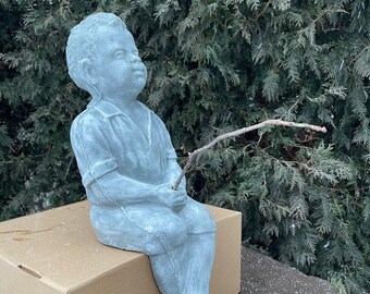Garden Boy Sculpture Concrete Child Statue Sitting Boy Fishing Outdoor ...