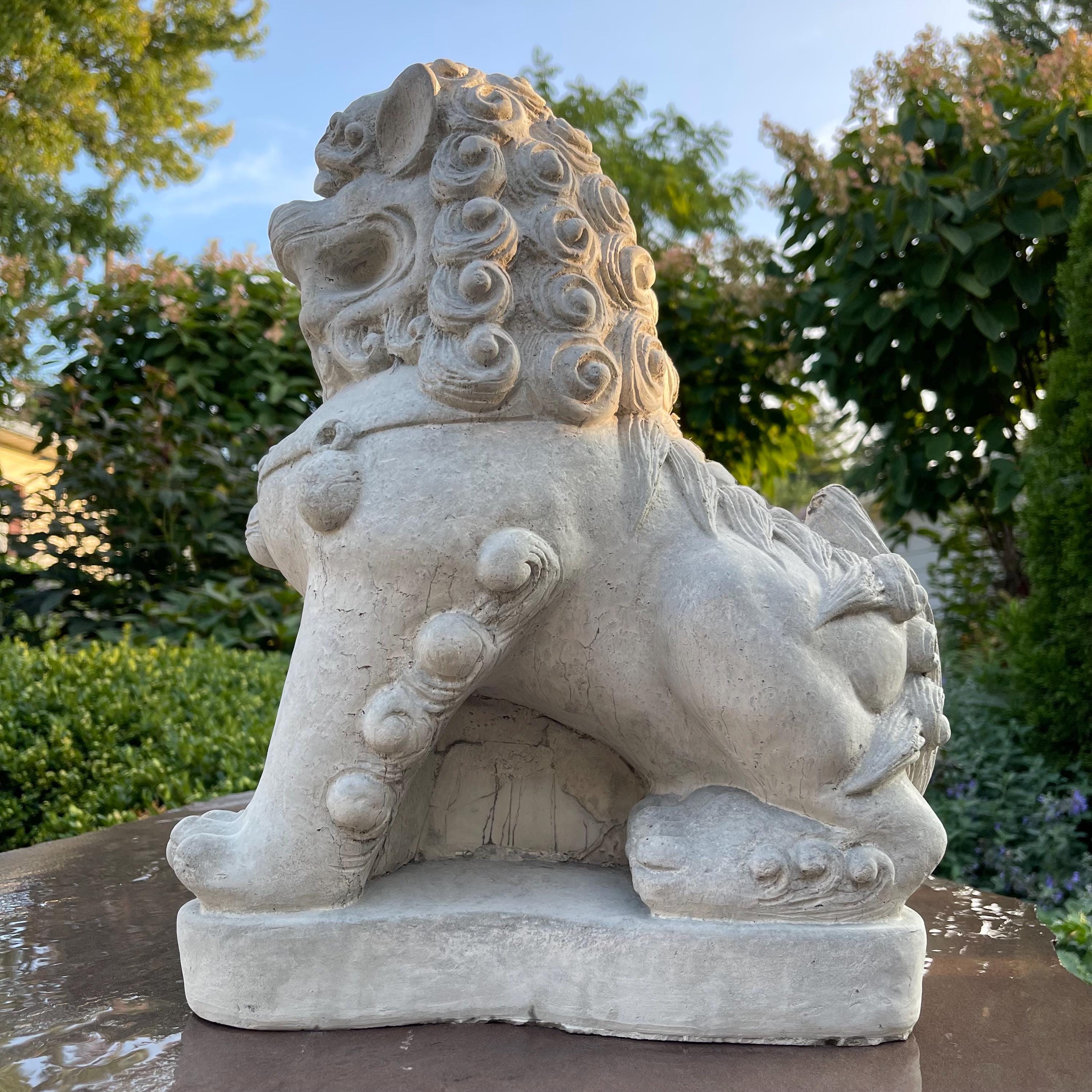 15.5 Concrete Foo Dog Statue Pair Male Female Feng Shui Garden ...