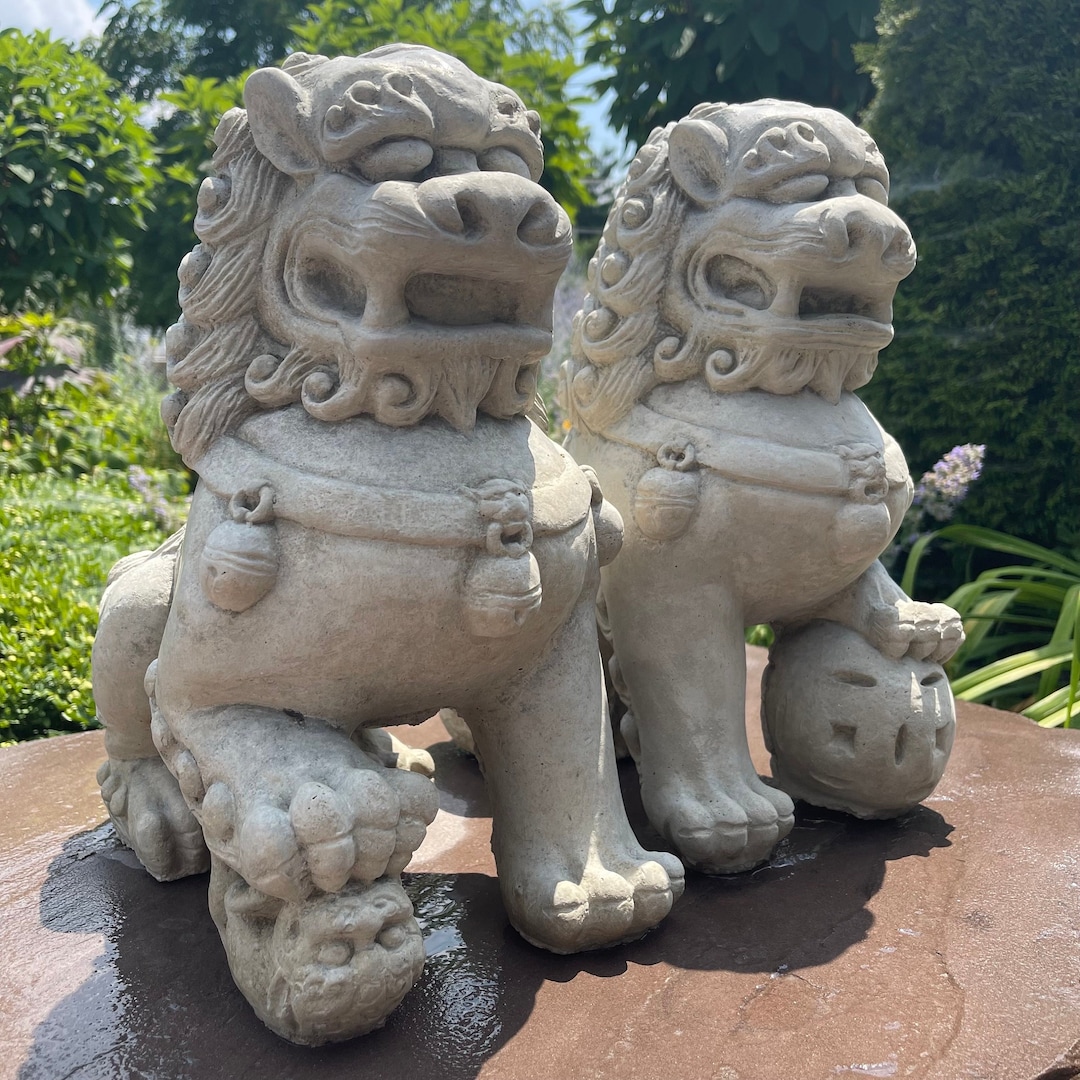 Concrete Foo Dog Statue Pair: 14" Male & Female Feng Shui Outdoor Garden Guardians - Etsy