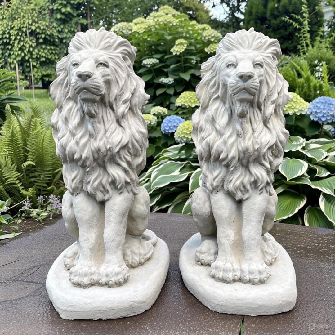 Concrete Lion Statues 16.5 Inch Garden Guardians Matched Pair Cement ...
