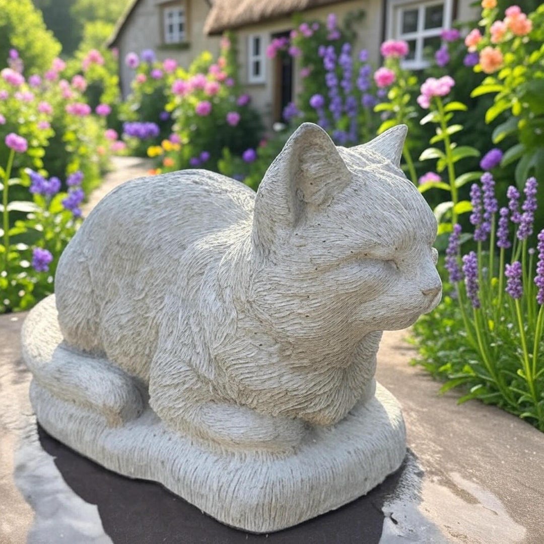 Large Concrete Cat Statue on Base: 14" Laying Down Garden Sculpture - Etsy