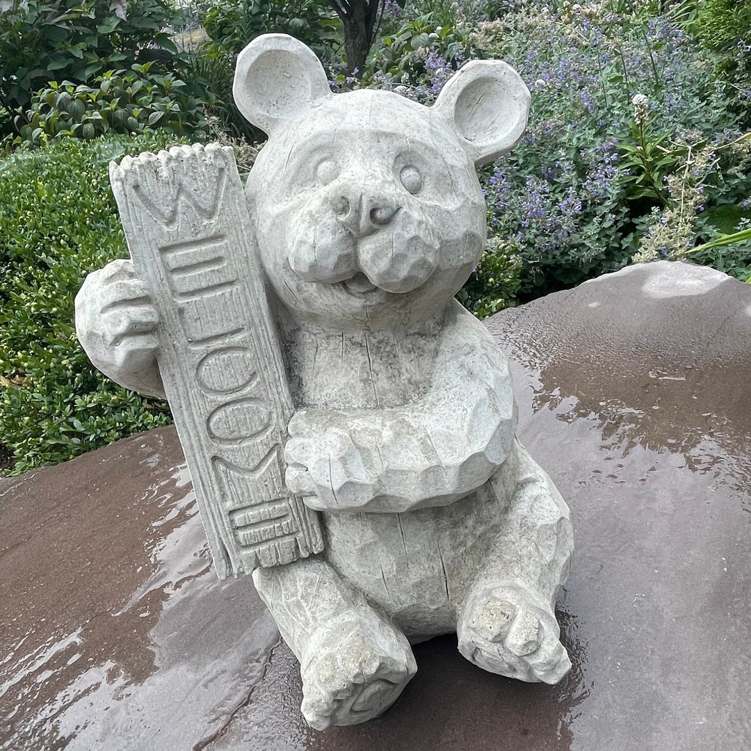 12 Concrete Welcome Black Bear Garden Statue Cement Carved Faux Wood ...