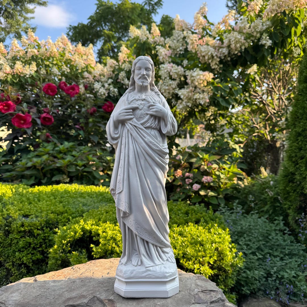 20" Handmade Concrete Jesus Garden Statue: Large Natural Cement Finish ...