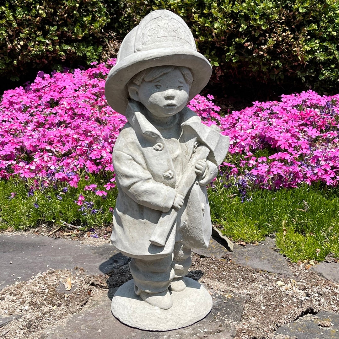 18 Inch Concrete Fireman Garden Statue - Fire Boy Sculpture Yard Art ...