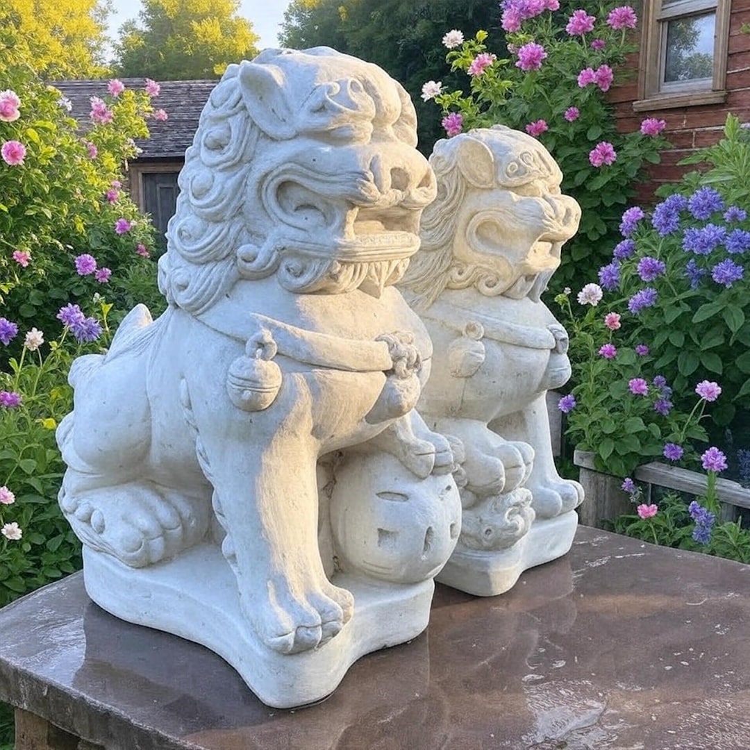 15.5" Concrete Foo Dog Statue Pair: Male & Female Feng Shui Outdoor ...