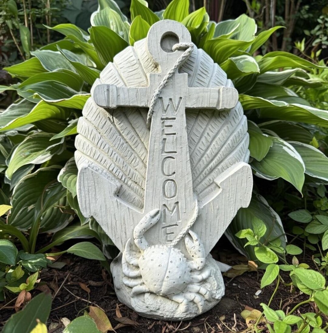 Nautical Anchor Welcome Sign 15" Concrete Garden Statue With Seashell ...