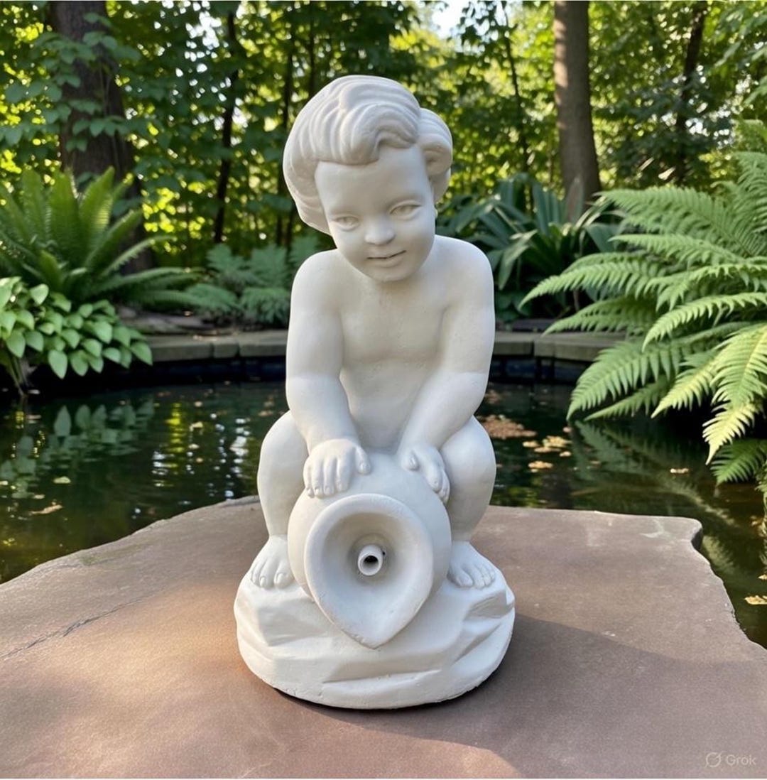 Boy on Jar Fountain Spitter 15" Outdoor Garden Statue Pond Spout Water ...