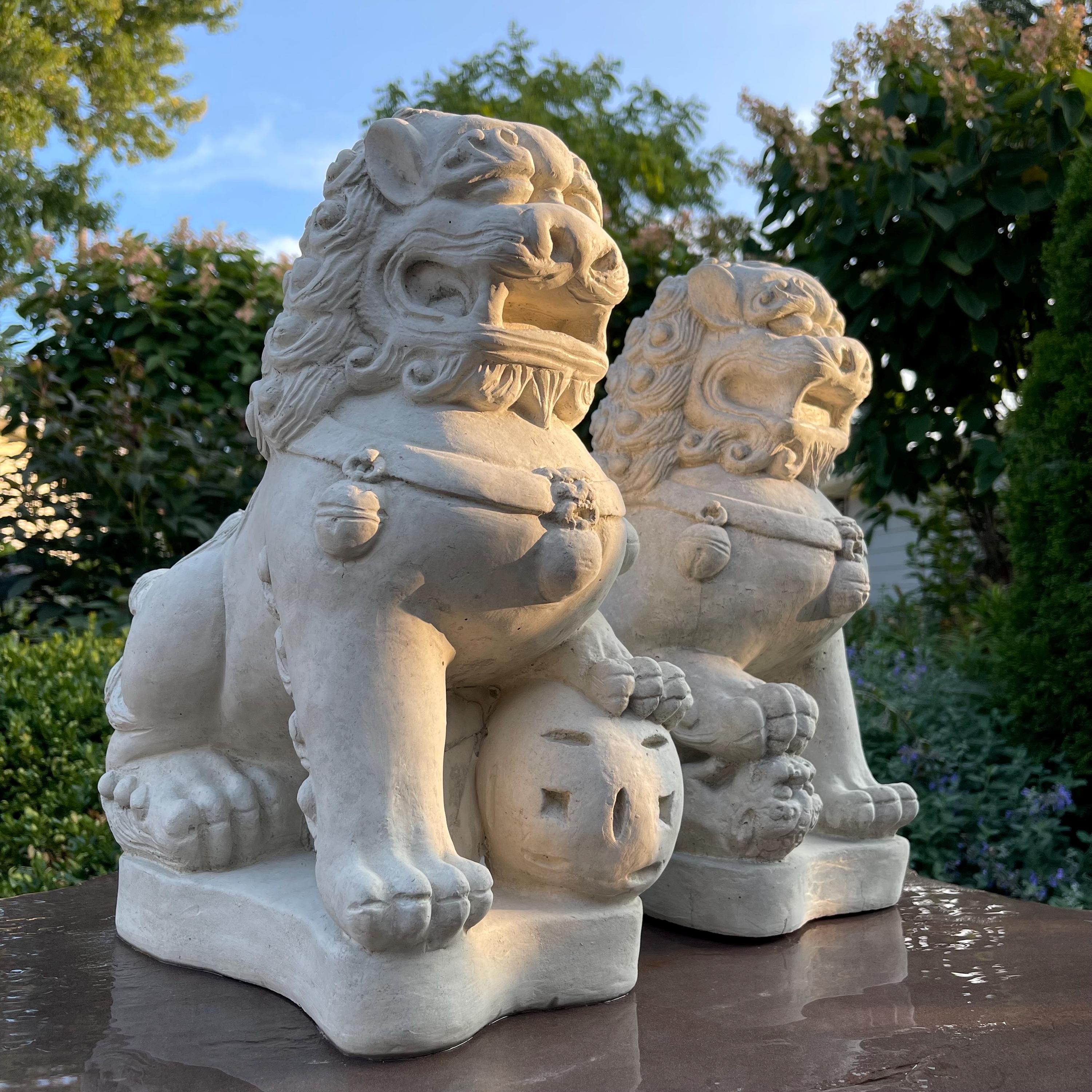 15.5 Concrete Foo Dog Statue Pair Male Female Feng Shui Garden ...