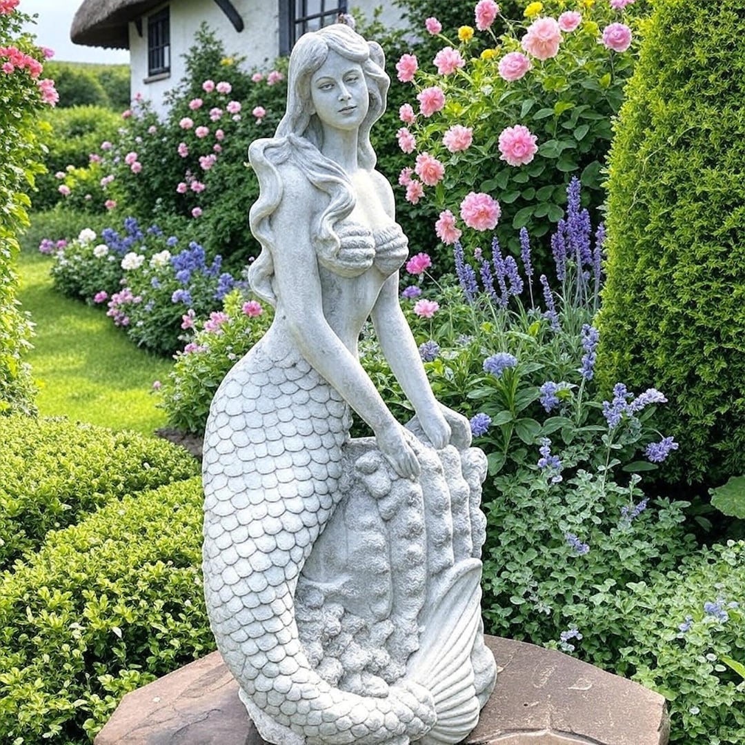24" Large Sitting Mermaid Garden Statue - Handmade Concrete Sea Nymph ...
