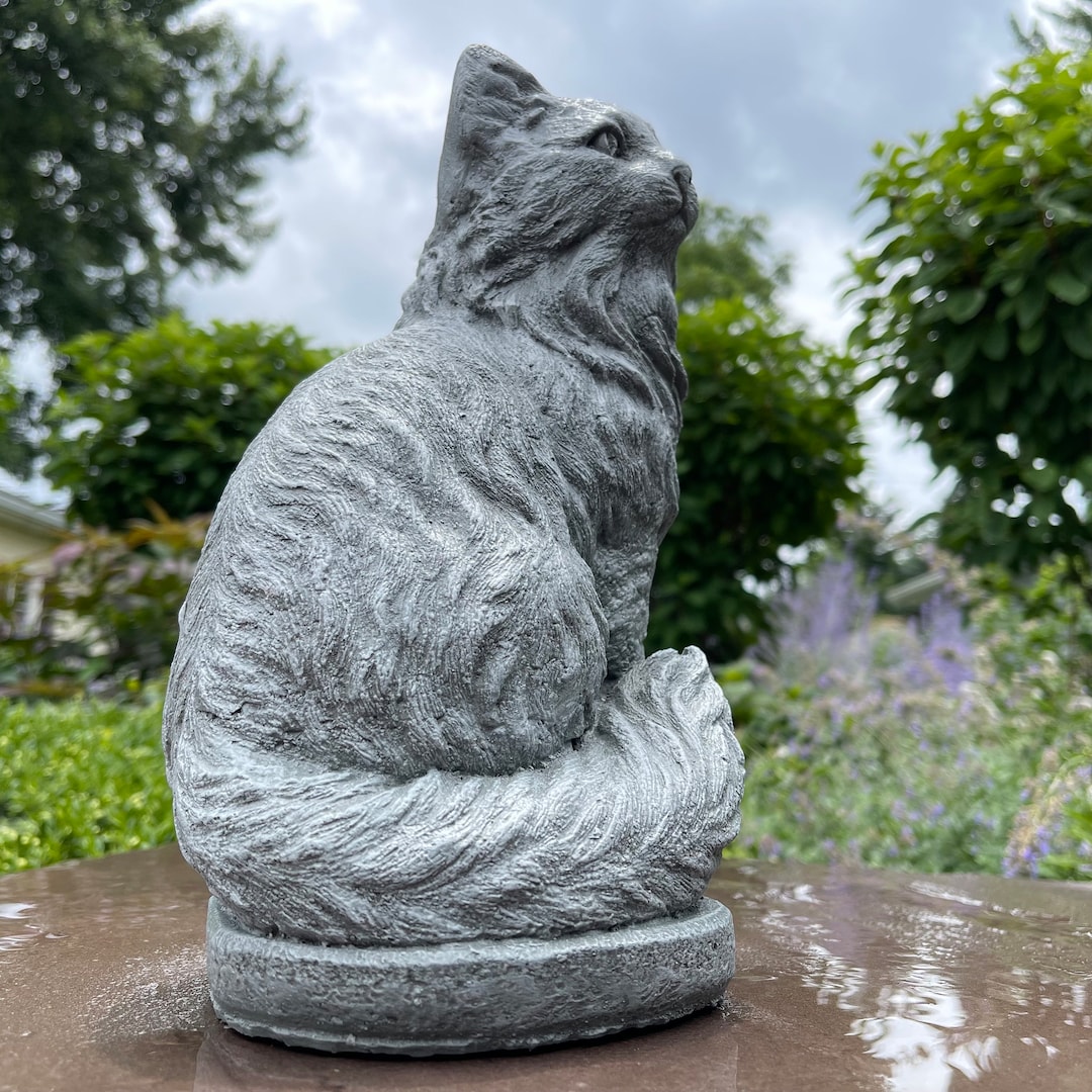 11” Cat Garden Statue - Painted Sitting Concrete Kitten Figurine ...