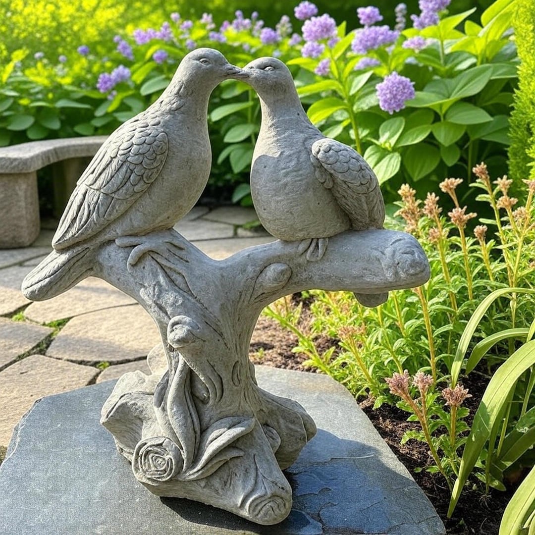 Kissing Dove Garden Statue - 15" Romantic Love Birds, Concrete Lawn ...