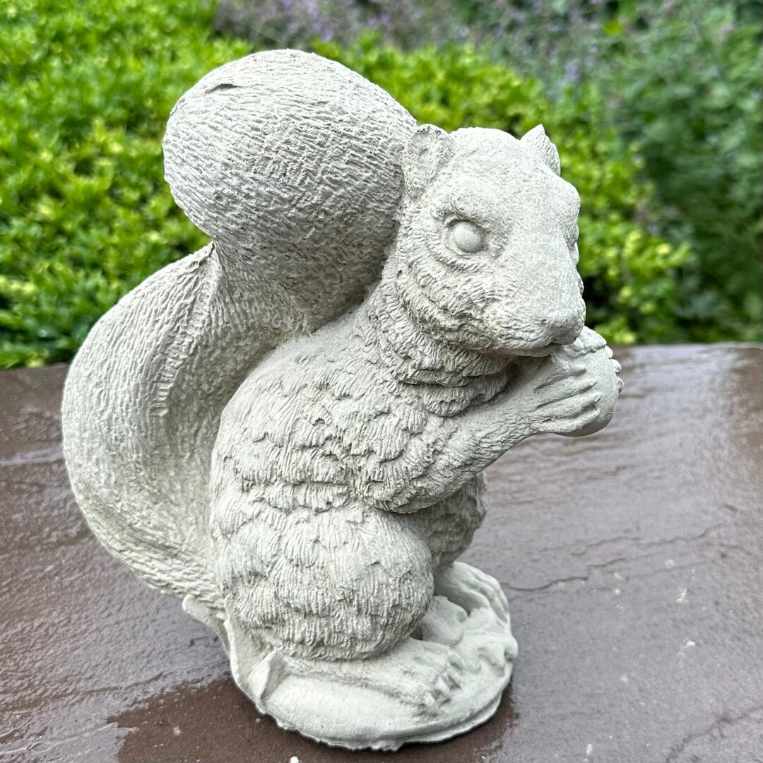 Squirrel Garden Statue - 9" Small Concrete Animal Figurine Holding A ...