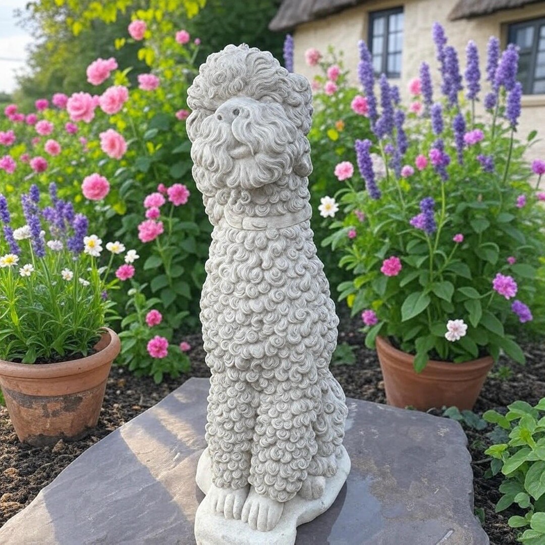 23” Large Poodle Garden Statue - Concrete Dog Yard Figurine - Outdoor ...