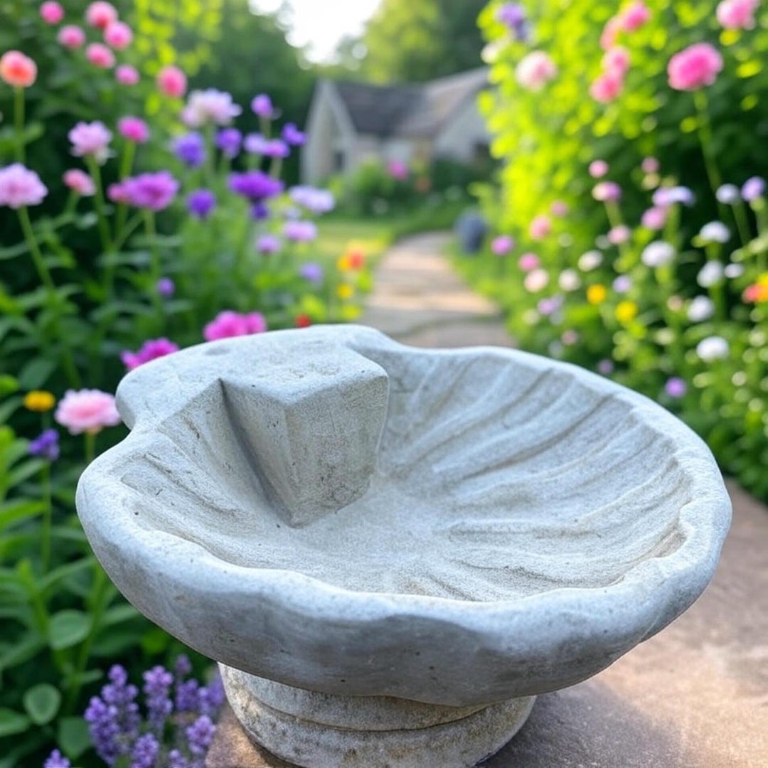Concrete Bird Bath Clam Shell Pattern 11" Small Outdoor Garden Puddler ...
