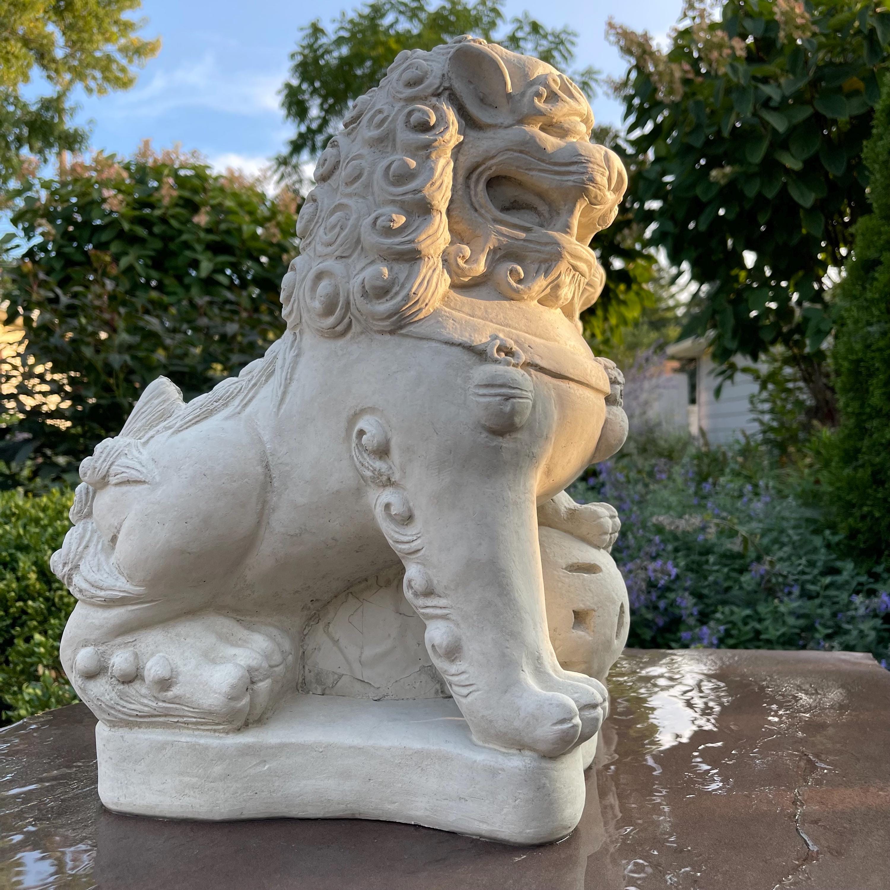 15.5 Concrete Foo Dog Statue Pair Male Female Feng Shui Garden ...