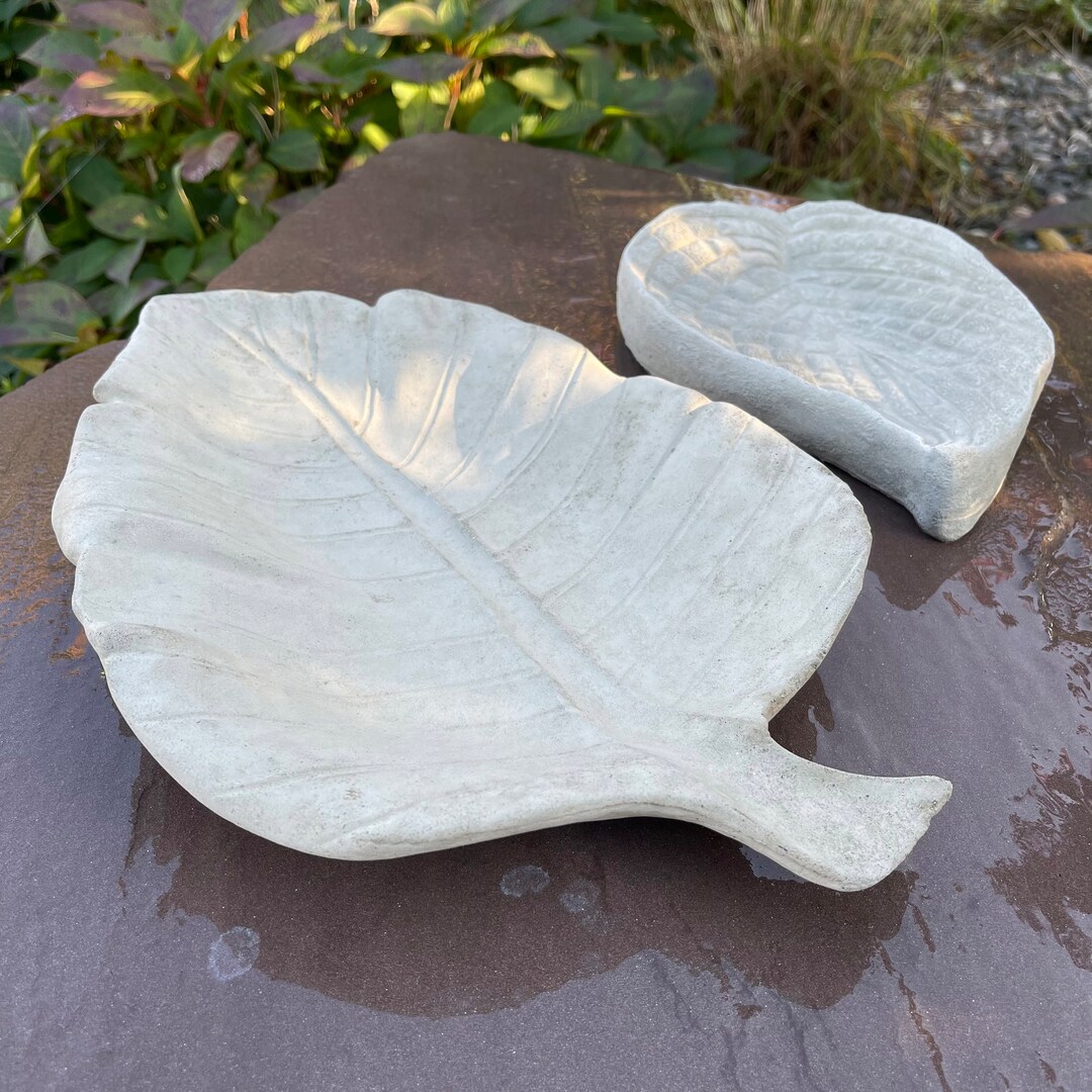 16 Concrete Leaf Bird Bath Cement Outdoor Big Stone Shallow Bowl Garden ...