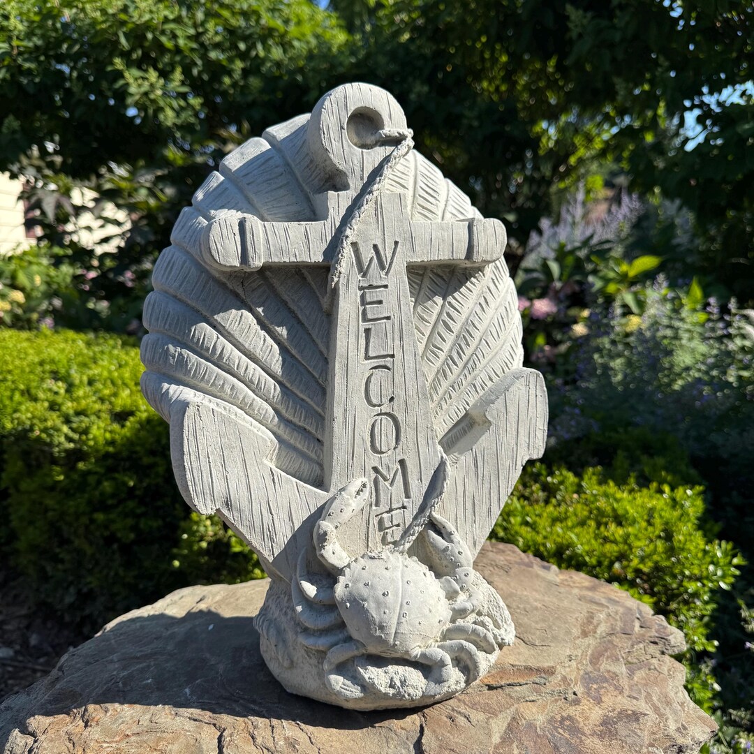 15" Nautical Anchor Welcome Sign: Concrete Garden Statue With Seashell ...