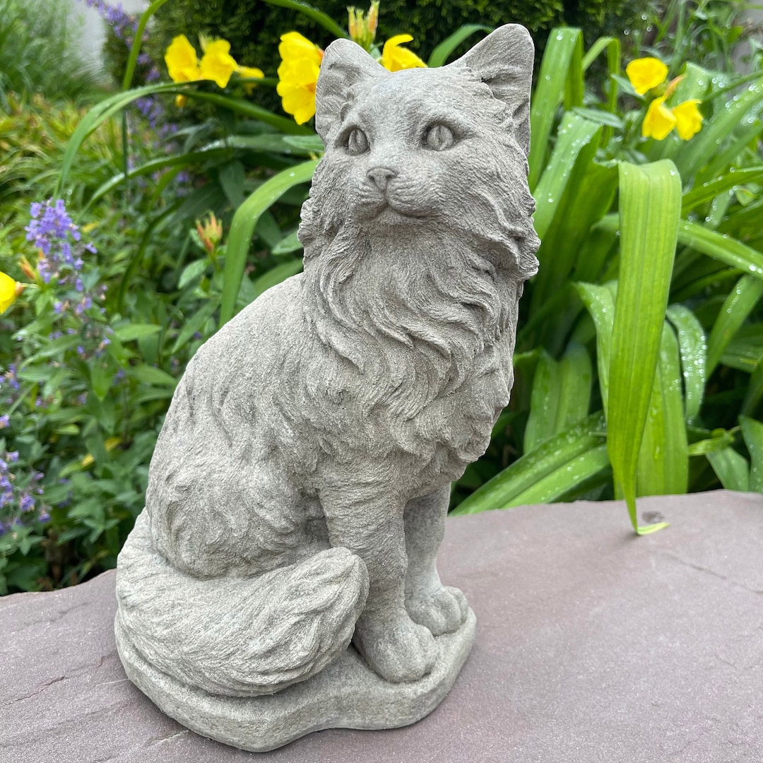 Concrete Cat Statue: 11" Long Haired Garden Memorial Outdoor Pet ...