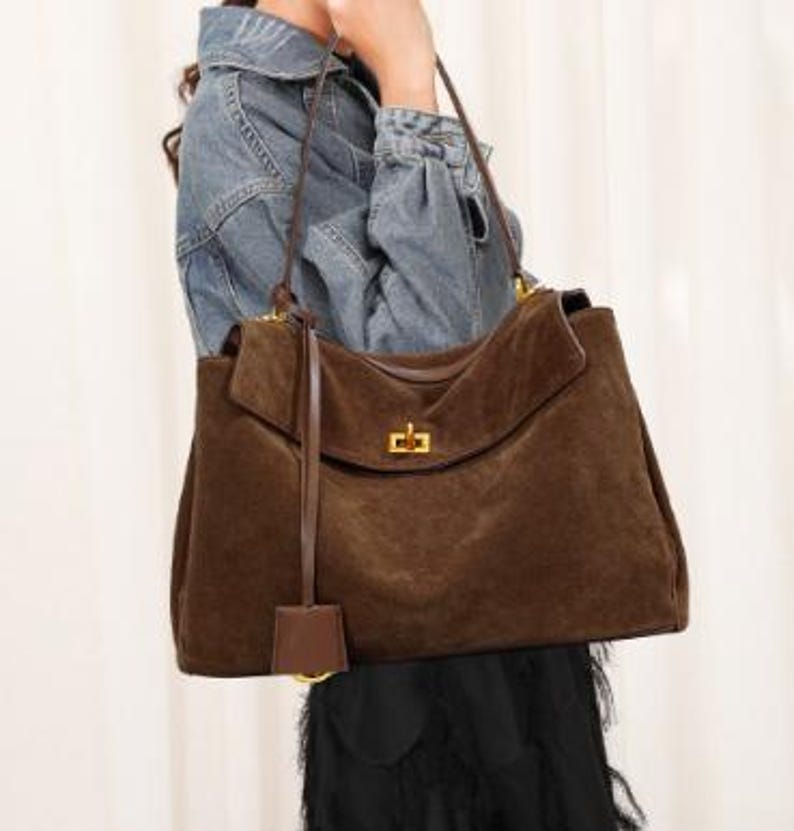 Brown Suede Bag Leather Tote Bag Large Minimalist Underarm Bag Women's ...