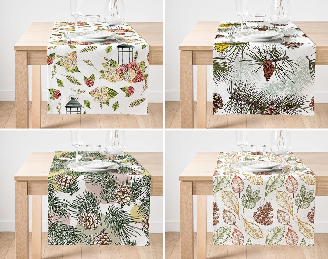 Pine Cone Table Runner, Lantern Print Tablecloth, Xmas Flower Table ...
