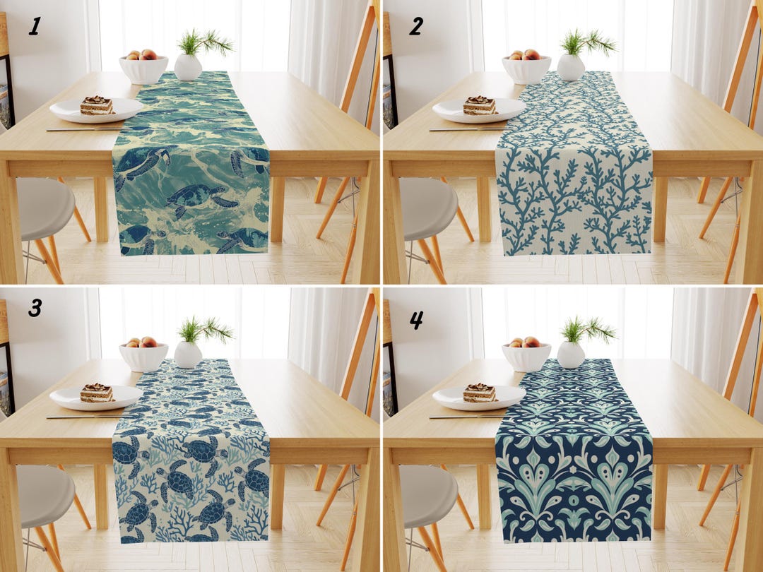 Sea Turtle Table Runner, Botanical Ocean Theme Table Cover, Coral Table ...