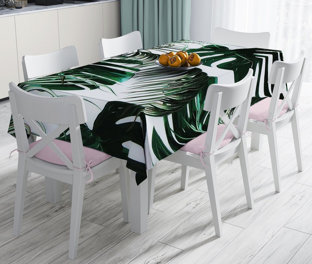 Giant Leaves Tablecloth, Tropical Leaves Kitchen Table Linen, Exotic ...