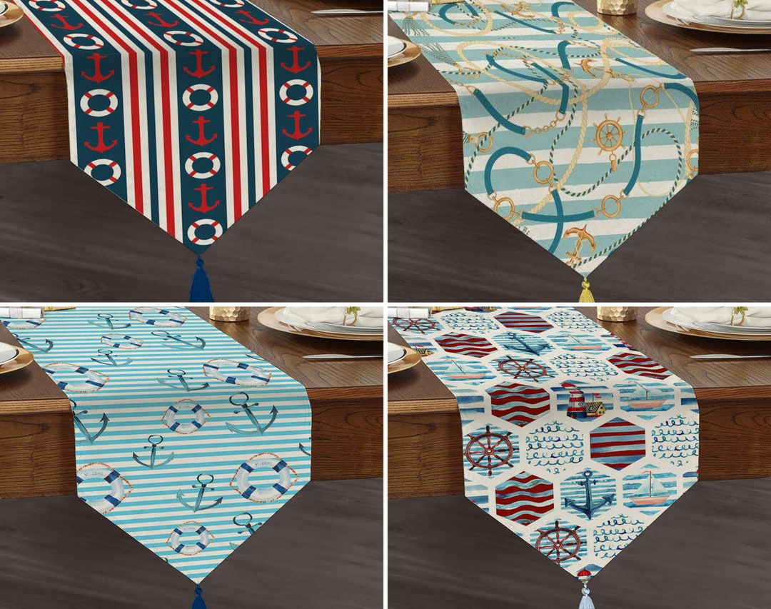 Nautical Table Runner, Marine Design Triangle Runner, Anchor Kitchen ...