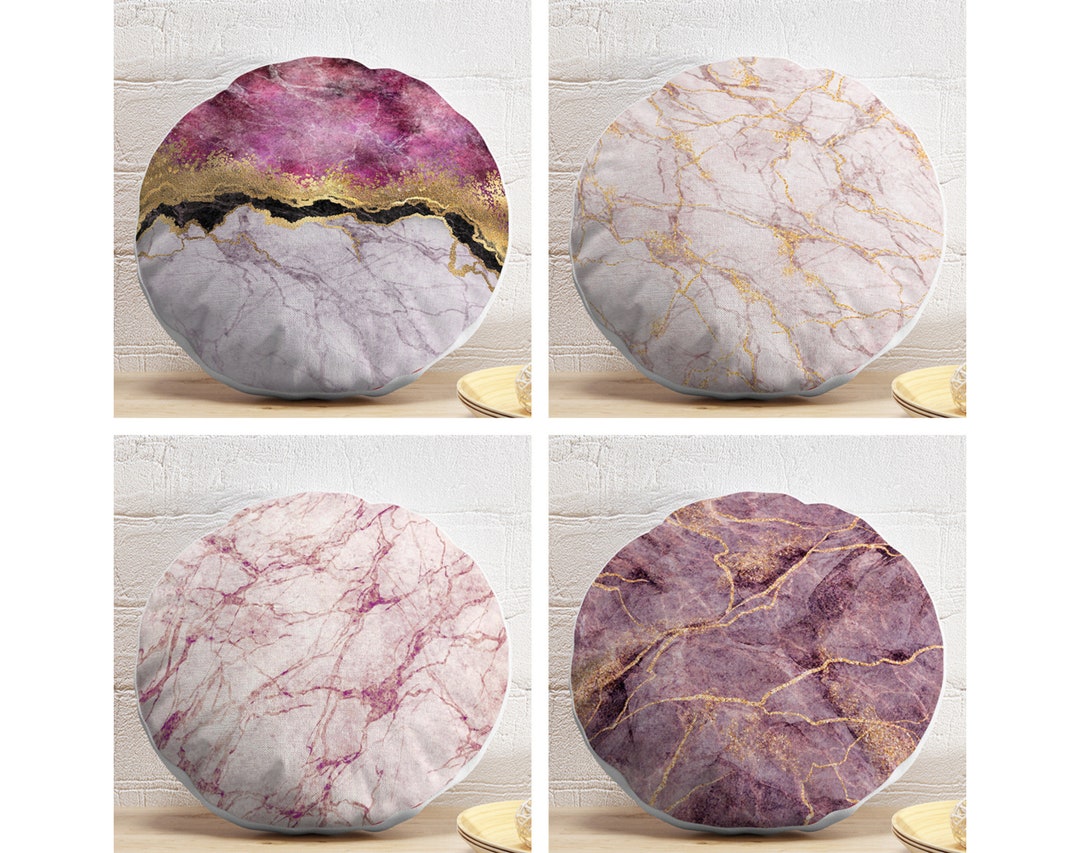 Marble Round Pillow, Pink Marble Round Cushion With Gold Foil Glitter ...
