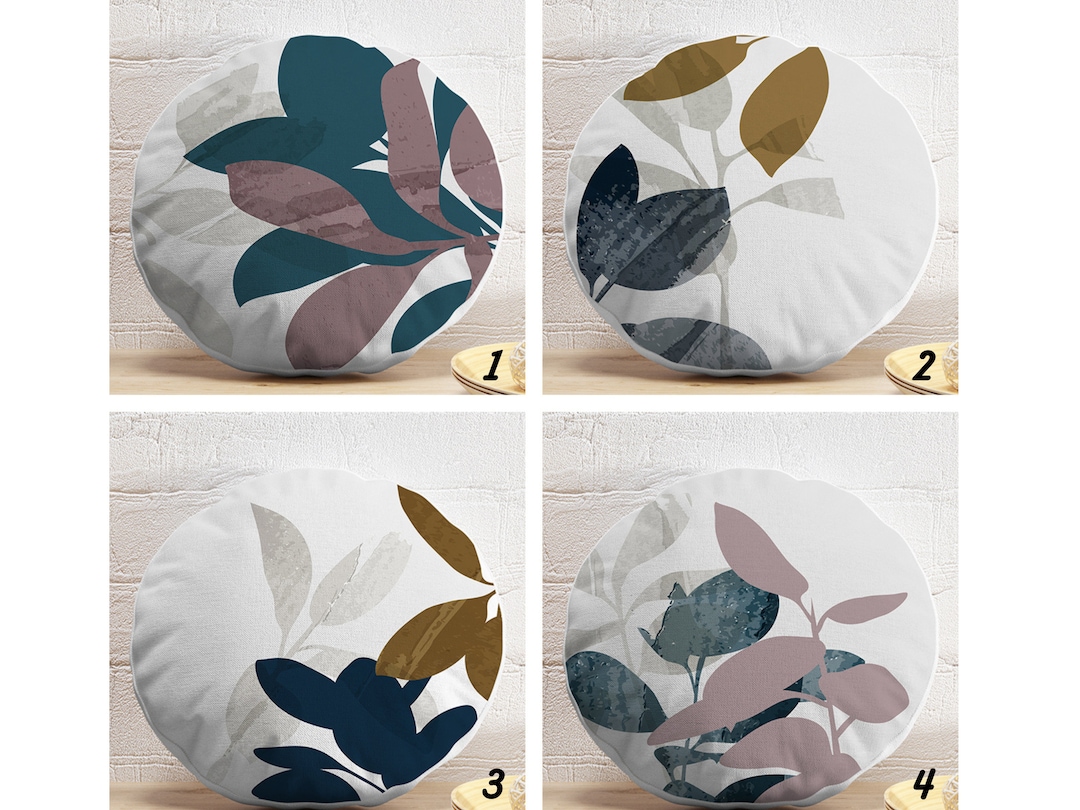 Abstract Leaf Round Pillow, Boho Circle Pillow, Minimalist Round ...