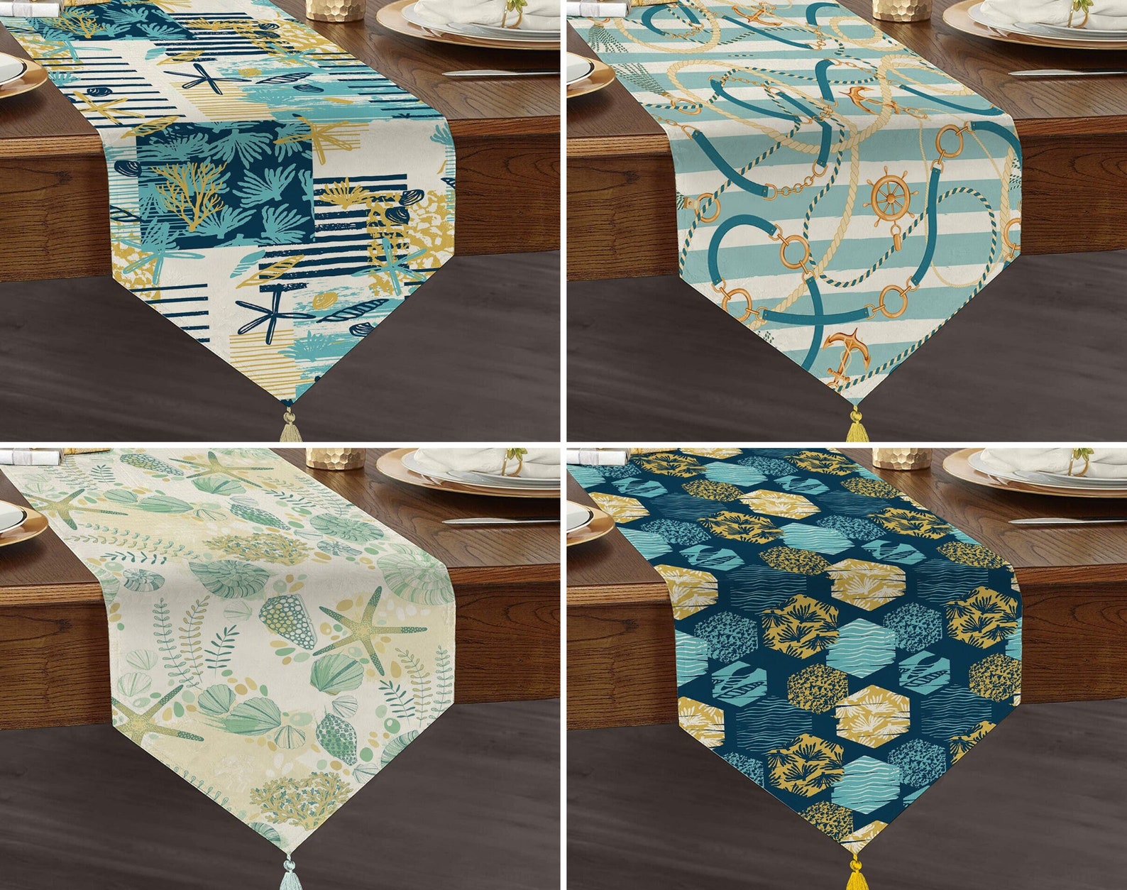 Starfish Design Triangle Runner With Tassel, Ship Wheel and Anchor ...