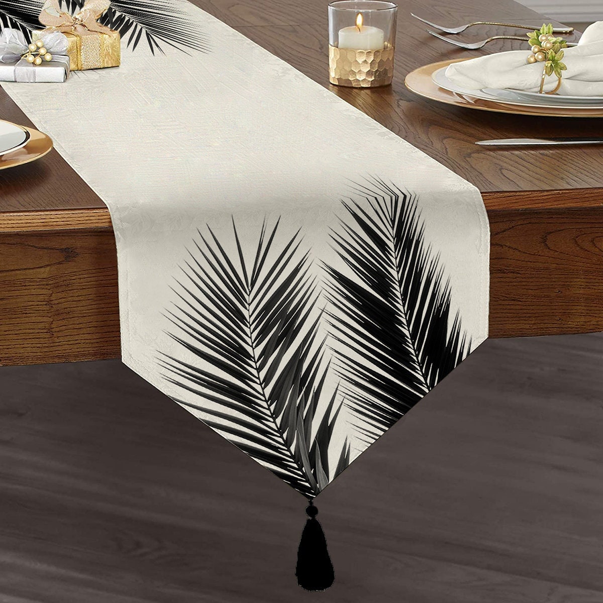 Leaf Table Runner, Palm Tree Dining Runner, White Black Triangle Runner ...