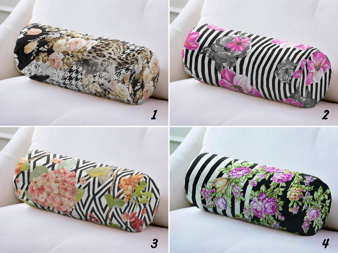 Geometric Floral Bolster Cushion, Hydrangea Pattern Cylindrical Pillow ...