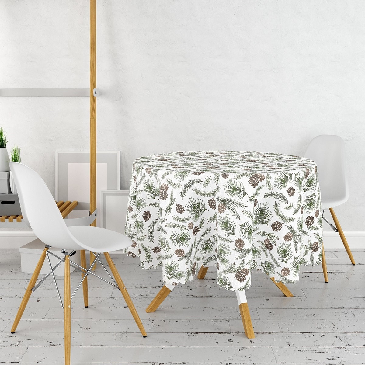 Nature Christmas Round Tablecloth, Pinecone and Pine Branches Table ...