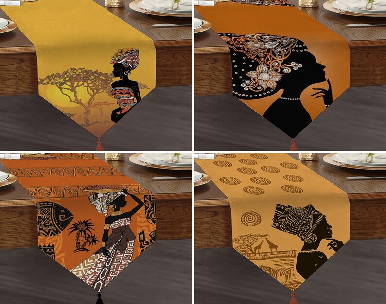 African Woman Table Runner, Ethnic Dining Runner, Mustard Color Runner ...