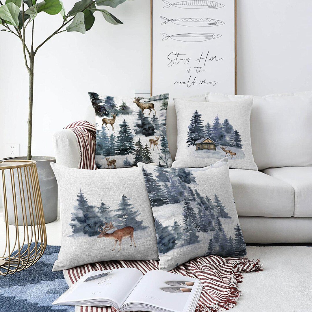 Winter Theme Cushion Cover, Reindeer and Pine Trees Pillow Case, Winter ...