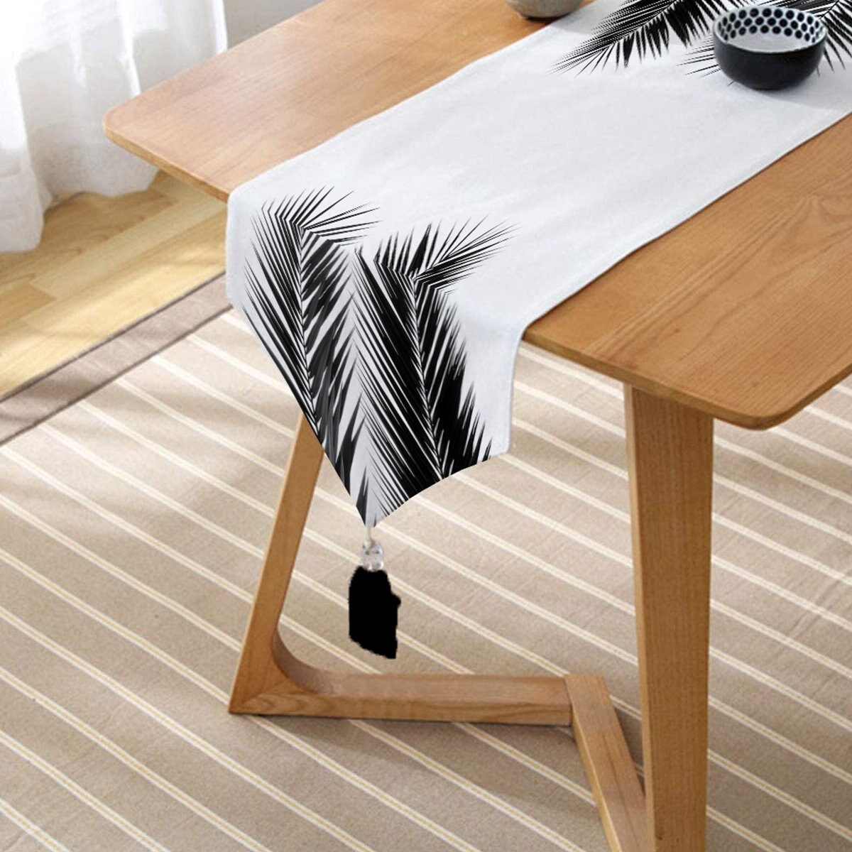 Leaf Table Runner, Palm Tree Dining Runner, White Black Triangle Runner ...