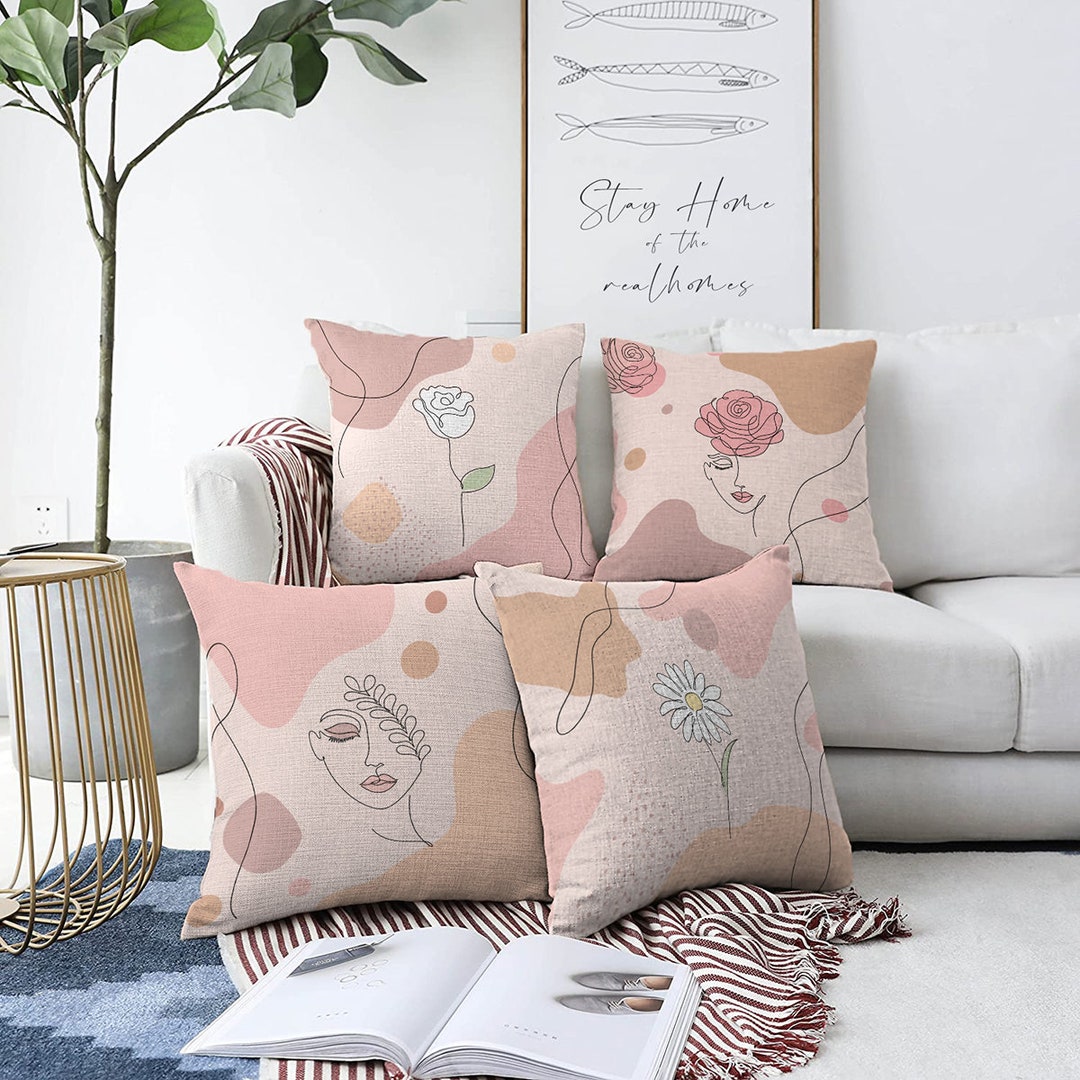 Abstract Line Art Pillow Cover, Woman Face Pattern Cushion Cover ...