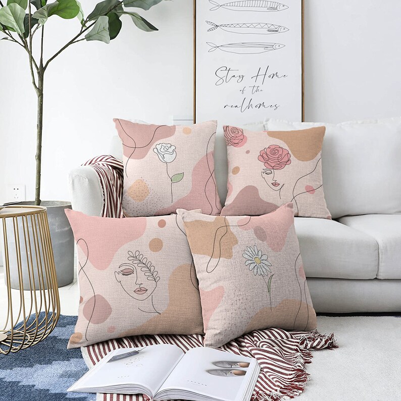 Abstract Line Art Pillow Cover, Woman Face Pattern Cushion Cover ...
