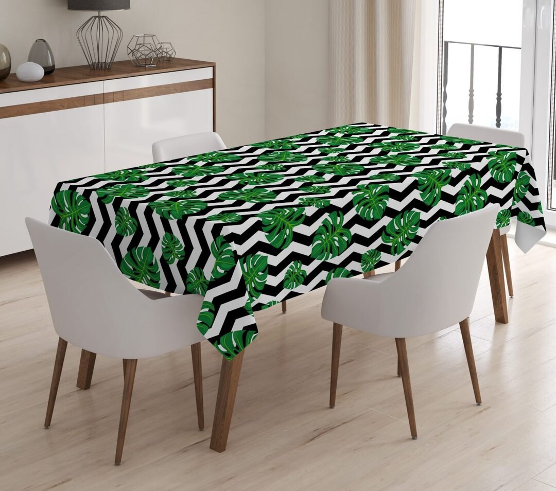 Monstera Leaf Tablecloth, Zigzag Pattern Table Linen, Tropical Dining ...