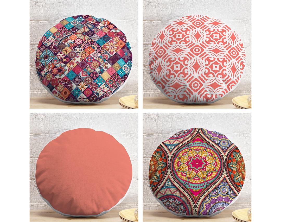 Colorful Ethnic Round Pillow: Coral Mandala Pattern, Boho Accent - Etsy